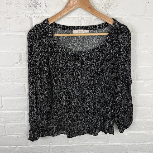 Loft Tops Loft Womens Button Front Sheer Blouse Textured Dot Black